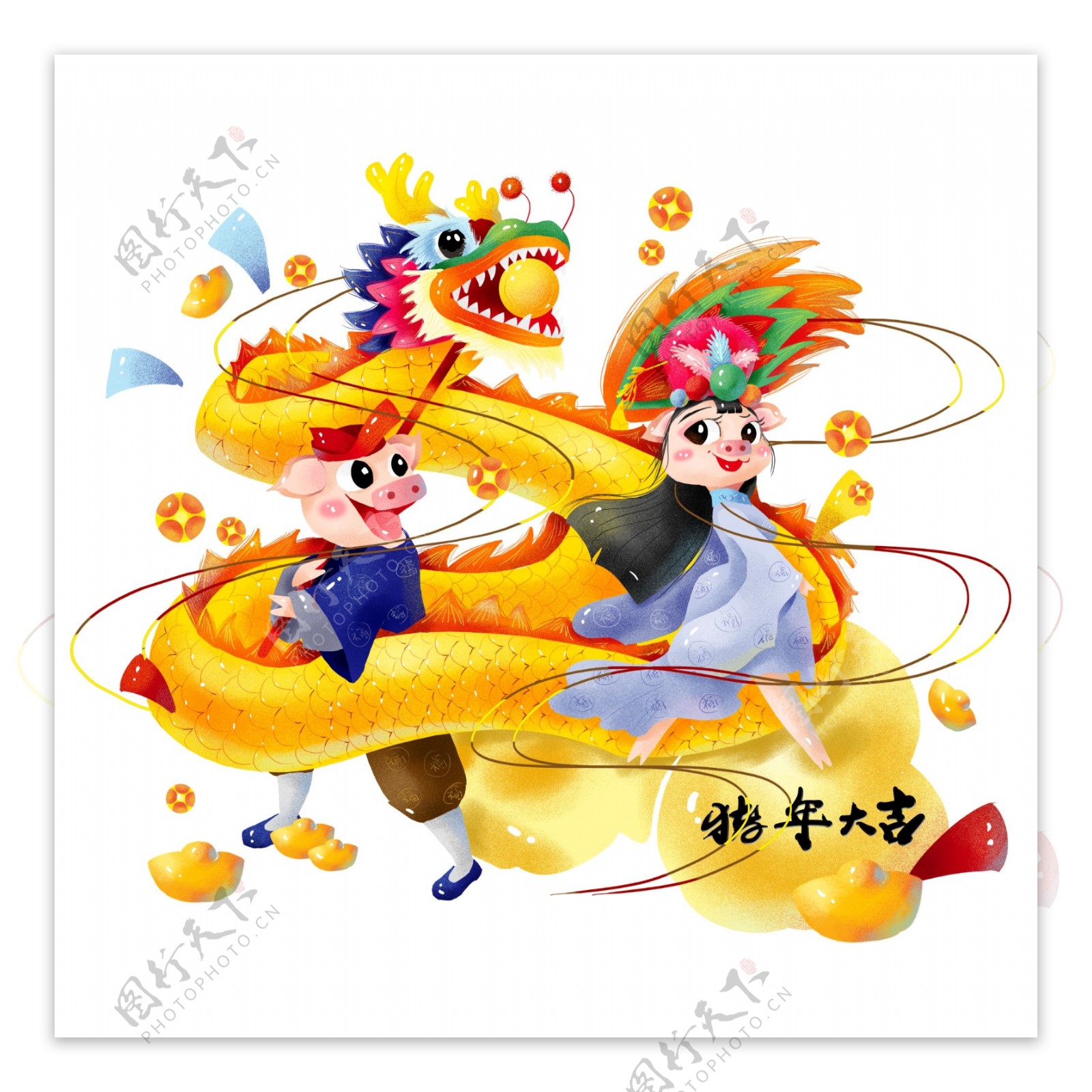 2019生肖猪猪年大型场景庙会舞龙手绘图片_节日元素_设计元素-图行天下素材网