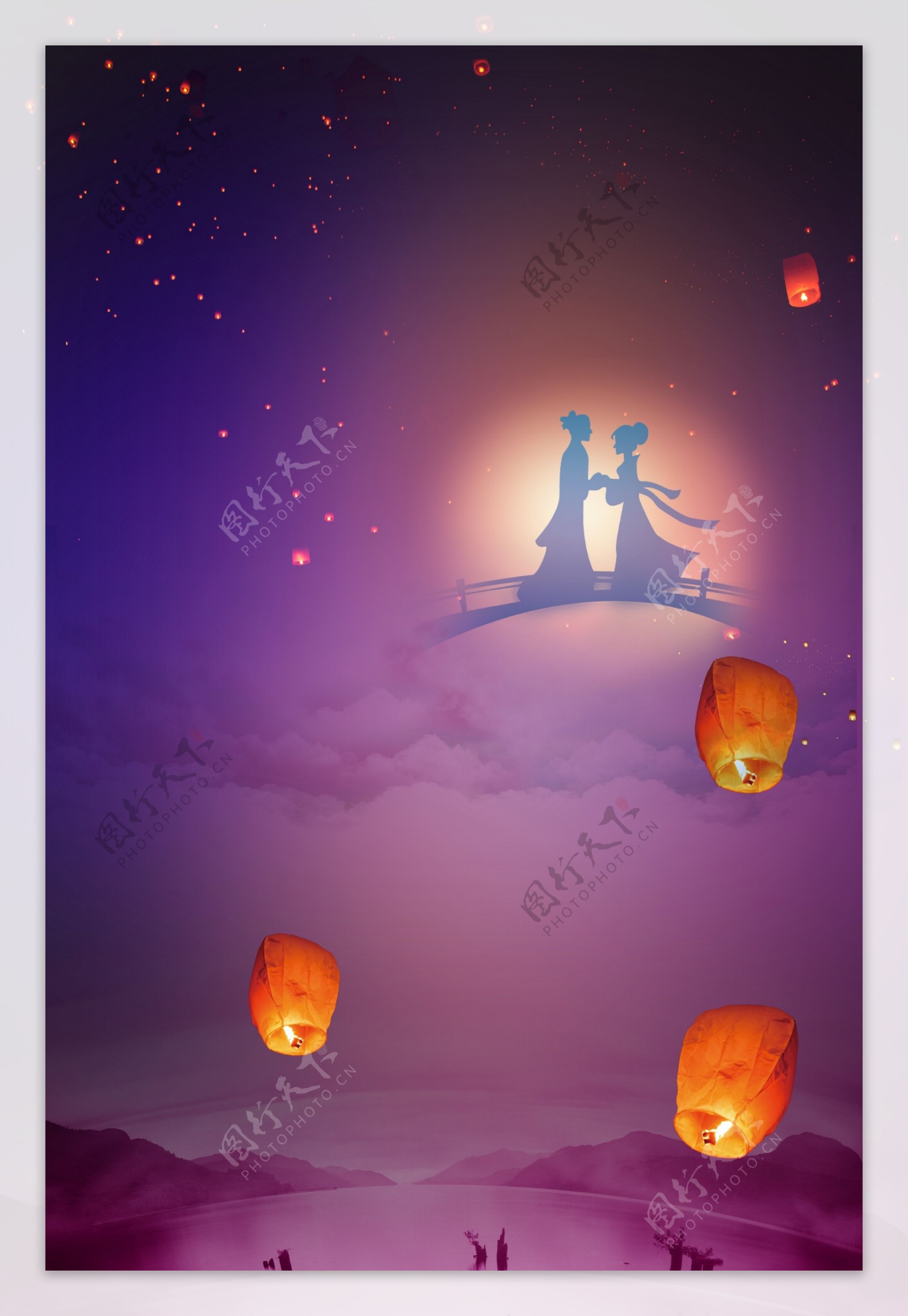 七夕情人节鹊桥情侣孔明灯海报图片素材-编号32860405-图行天下